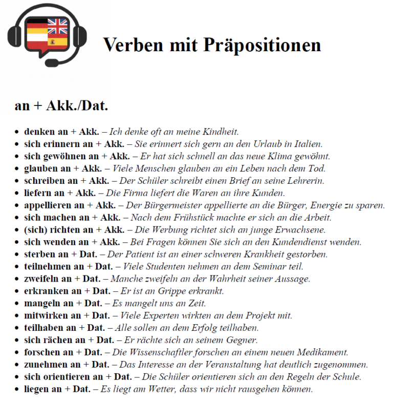 Verben mit Präpositionen/Rektion der Verben A1-C2 nach Präpositionen ...
